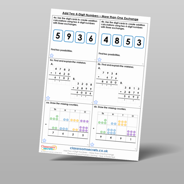 Year 4 Add Two 4 Digit Numbers More Than One Exchange Reasoning And Problem Solving Resource ...