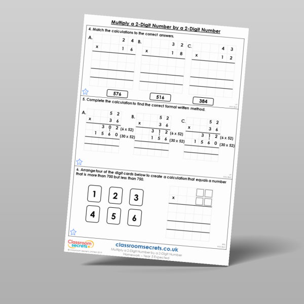 Year 5 Multiply A 2 Digit Number By A 2 Digit Number Homework Resource ...