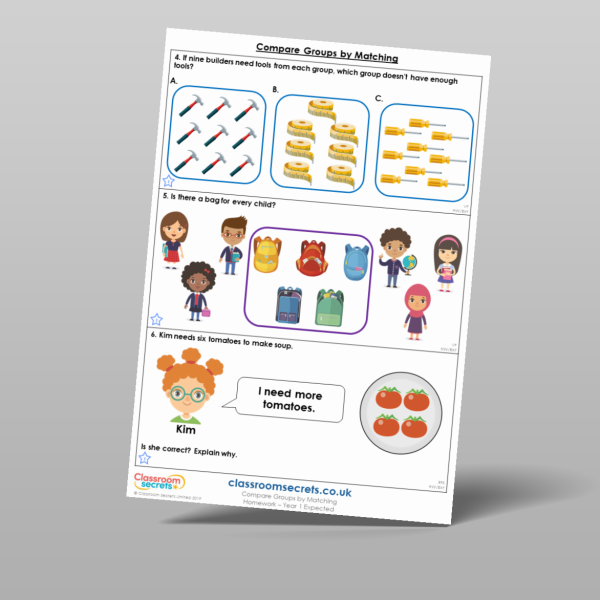Year 1 Compare Groups By Matching Homework Resource | Classroom Secrets