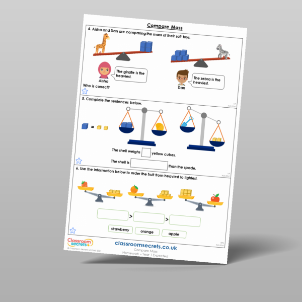 Year 1 Compare Mass Homework Resource | Classroom Secrets
