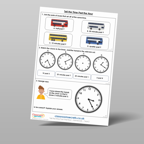 Year 2 Tell The Time Past The Hour Homework Resource | Classroom Secrets