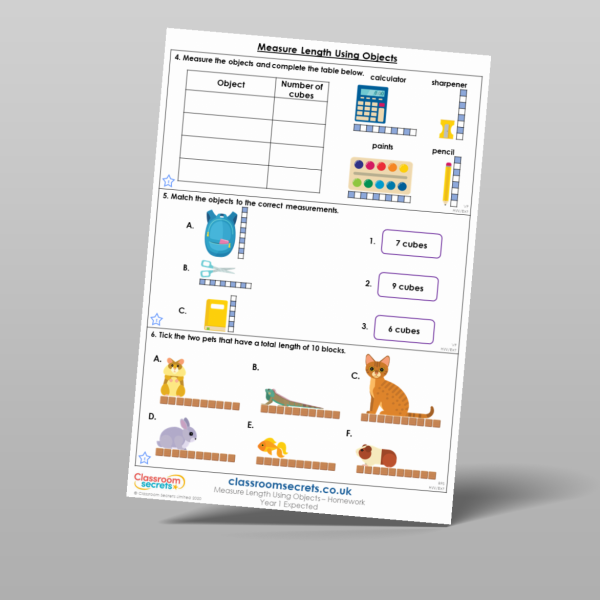 Year 1 Measure Length Using Objects Homework Resource | Classroom Secrets