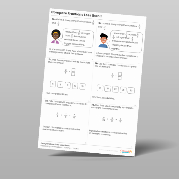 Year 5 Compare Fractions Less Than 1 Reasoning And Problem Solving ...
