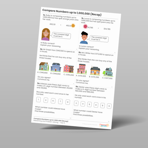 Year 5 Compare Numbers Up To 1 000 000 Recap Reasoning And Problem Solving Resource | Classroom ...