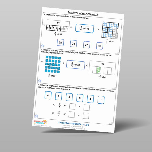 Year 3 Fractions Of An Amount 2 Homework Resource | Classroom Secrets