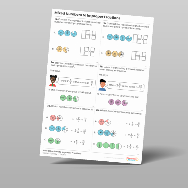 Mixed Numbers to Improper Fractions Varied Fluency Resource | Classroom ...