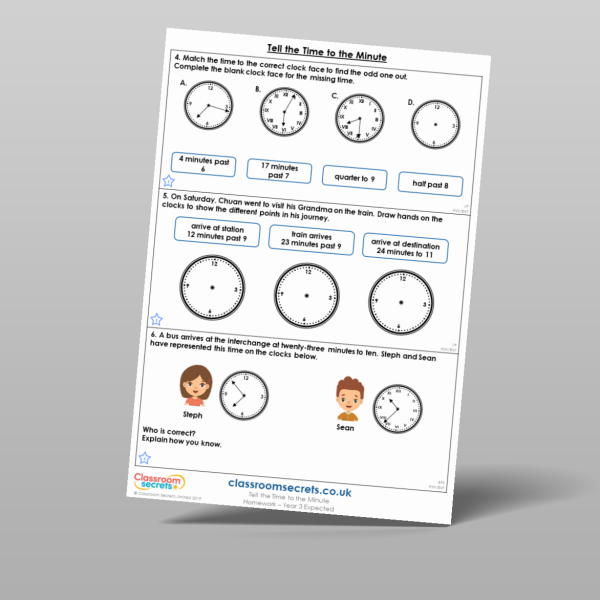 Year 3 Tell The Time To The Minute Homework Resource | Classroom Secrets