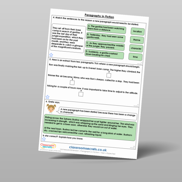 Year 6 Paragraphs In Fiction Homework Resource | Classroom Secrets