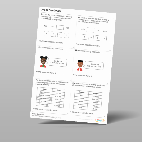 Year 4 Order Decimals Reasoning And Problem Solving 2 Resource ...