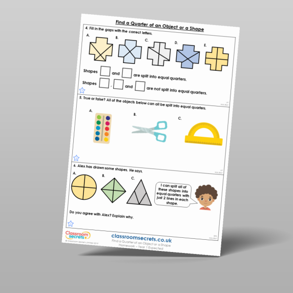 Year 1 Find A Quarter Of An Object Or A Shape Homework Resource ...