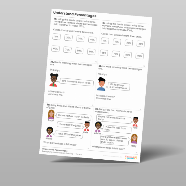 Year 6 Understand Percentages Reasoning And Problem Solving 2 Resource ...
