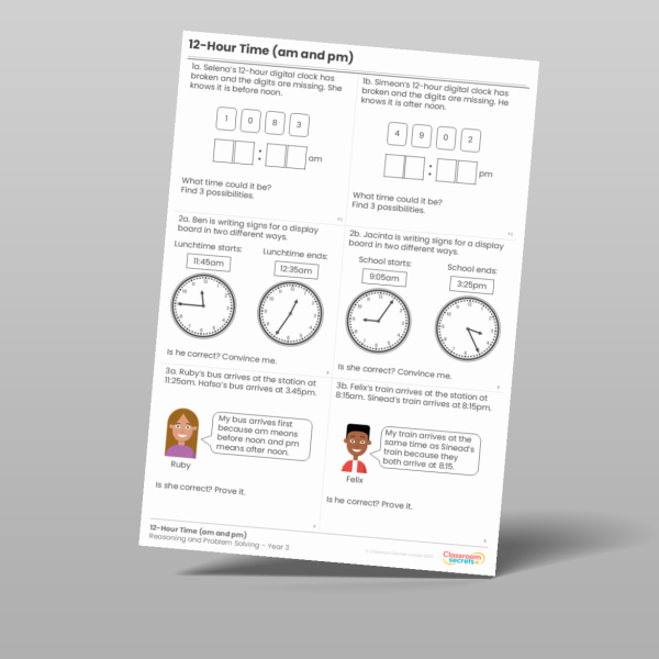 Year 3 12 Hour Time Am And Pm Reasoning And Problem Solving Resource ...
