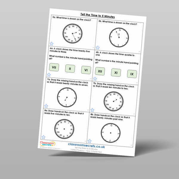 Year 3 Telling The Time To 5 Minutes Varied Fluency Resource ...