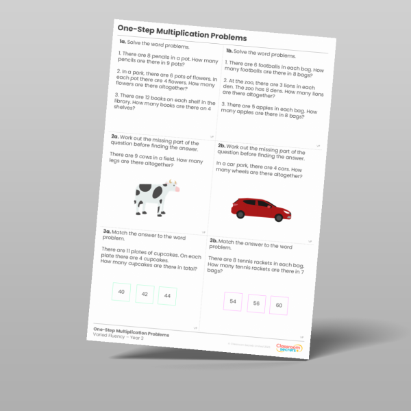 Year 3 One Step Multiplication Problems Varied Fluency Resource ...