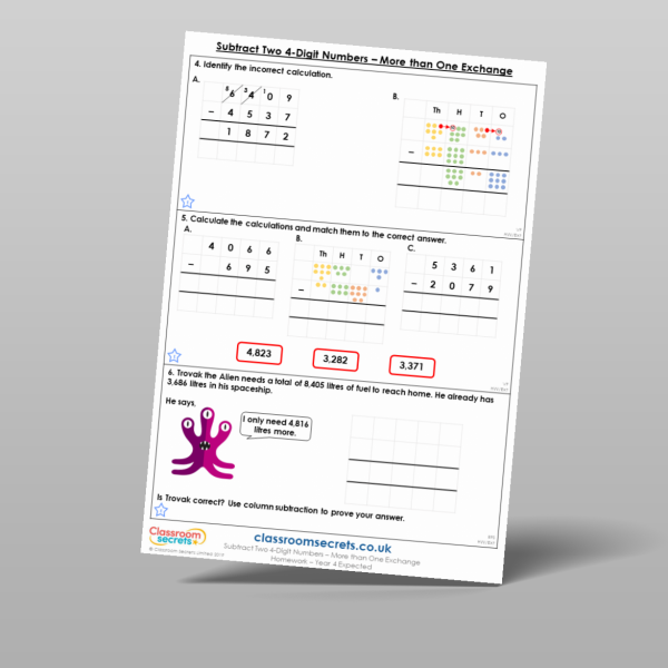 Year 4 Subtract Two 4 Digit Numbers More Than One Exchange Homework ...