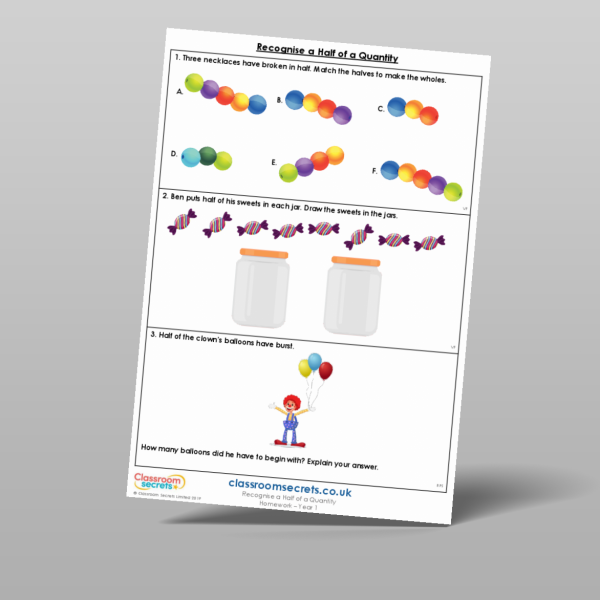 Year 1 Recognise A Half Of A Quantity Homework Resource | Classroom Secrets