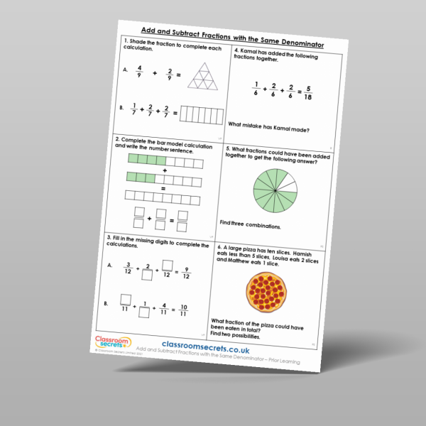 Year 5 Add And Subtract Fractions With The Same Denominator Prior Learning Resource Classroom