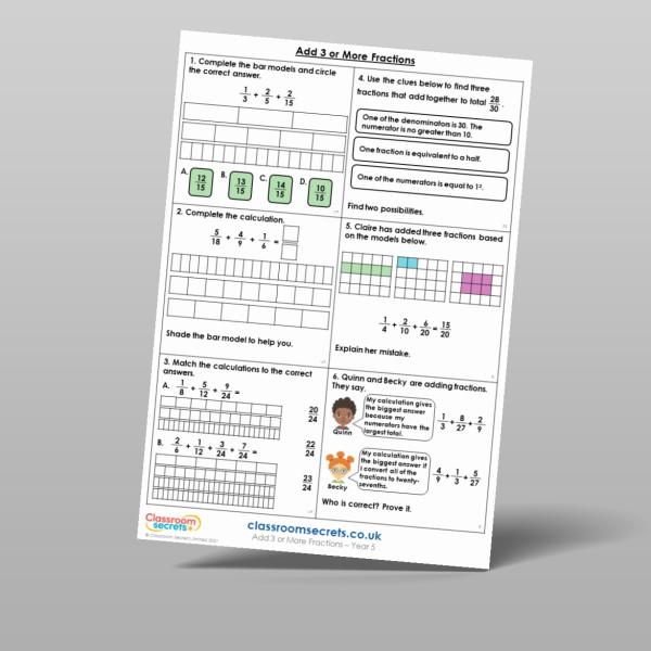 Year 5 Add 3 Or More Fractions Mixed Activity Resource | Classroom Secrets