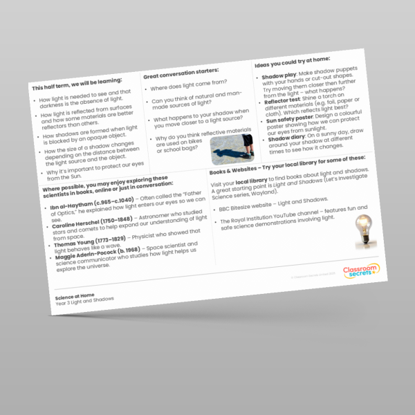 Year 3 Light And Shadows Science At Home Resource | Classroom Secrets