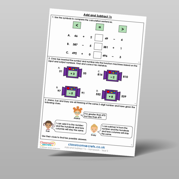 Year 3 Add And Subtract 1s Homework Resource | Classroom Secrets