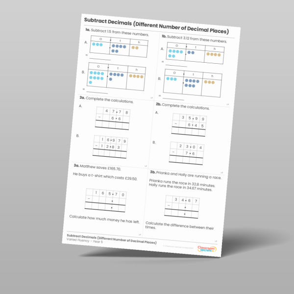 Subtract Decimals (Different Number of Decimal Places) Varied Fluency ...