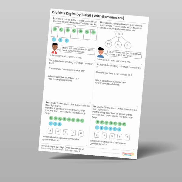 Year 4 Divide 2 Digits By 1 Digit With Remainders Reasoning And Problem Solving Resource ...