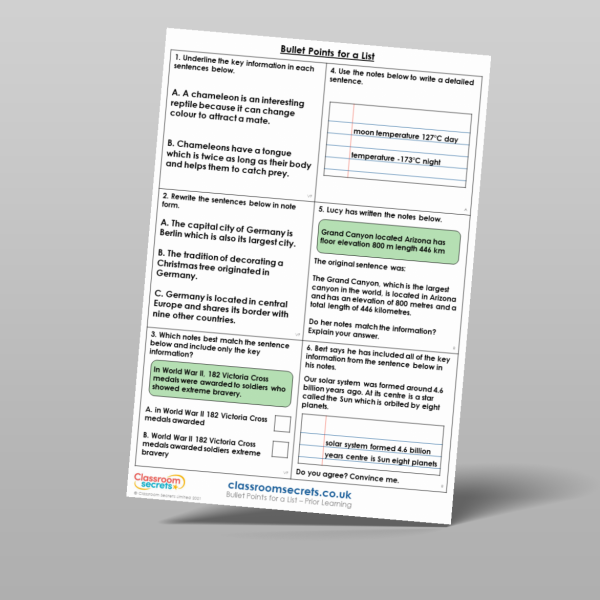 Year 6 Bullet Points For A List Prior Learning Resource | Classroom Secrets
