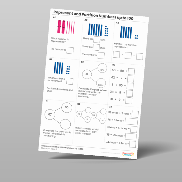 Year 3 Represent And Partition Numbers Up To 100 Fluency Matrix Resource | Classroom Secrets