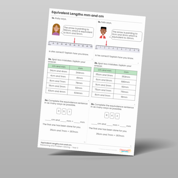 Year 3 Equivalent Lengths Mm And Cm Reasoning And Problem Solving Resource Classroom Secrets