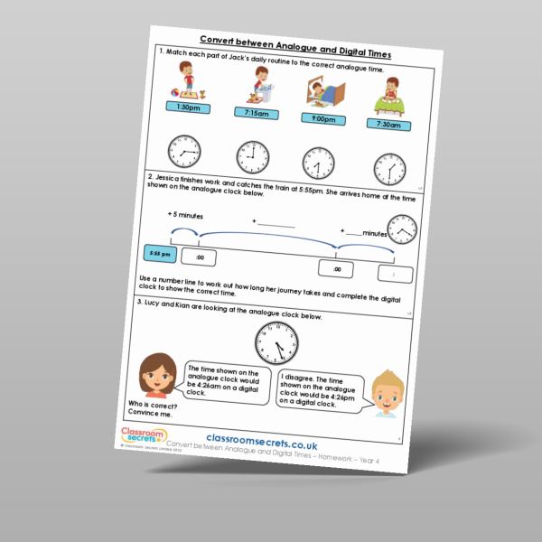 Year 4 Convert Between Analogue And Digital Times Homework Resource ...