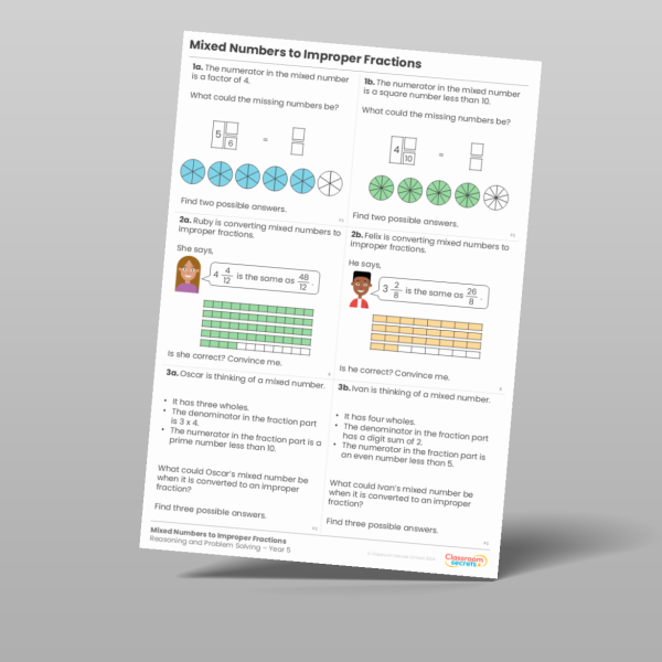 Year 5 Mixed Numbers To Improper Fractions Reasoning And Problem Solving Resource | Classroom ...