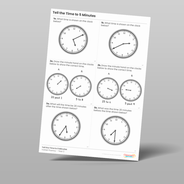 Year 2 Tell The Time To 5 Minutes Varied Fluency 2 Resource | Classroom ...