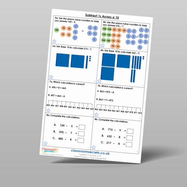 Year 3 Subtract 1s Across A 10 Varied Fluency Resource | Classroom Secrets