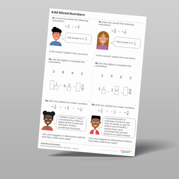 Year 6 Add Mixed Numbers Reasoning And Problem Solving 2 Resource Classroom Secrets