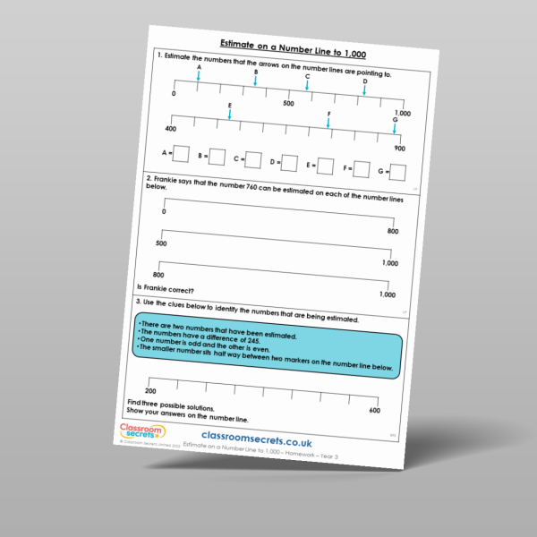 Year 3 Estimate On A Number Line To 1 000 Homework Resource | Classroom ...