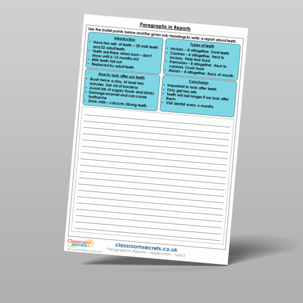 Year 3 Paragraphs In Reports Application Resource | Classroom Secrets
