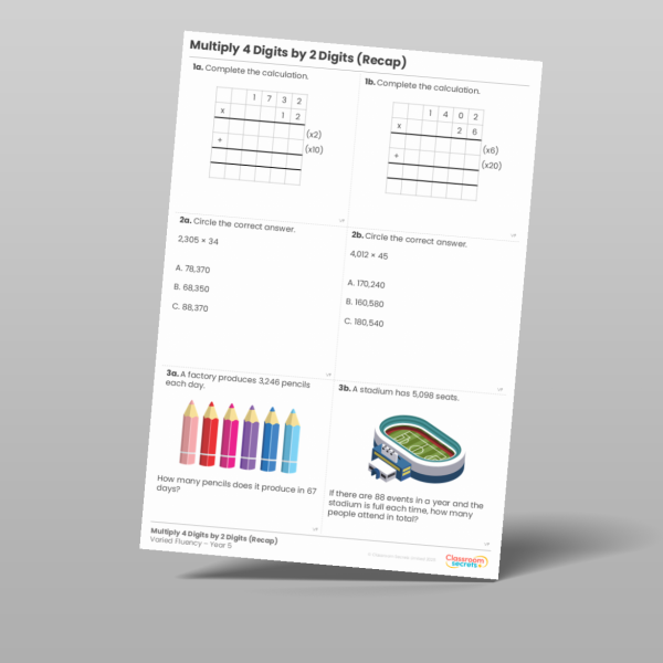 Year 5 Multiply 4 Digits By 2 Digits Recap Varied Fluency Resource ...