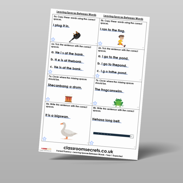 Year 1 Leaving Spaces Between Words Varied Fluency Resource | Classroom ...