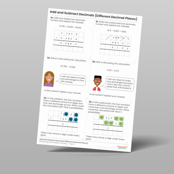 Year 6 Add And Subtract Decimals Different Decimal Places Reasoning And ...