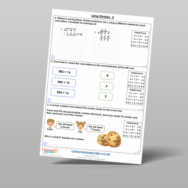 Year 6 Long Division 3 Homework Resource | Classroom Secrets