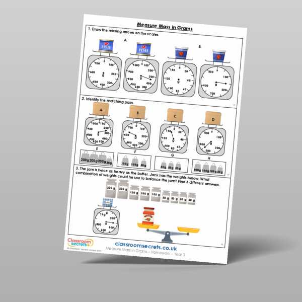 Year 3 Measure Mass In Grams Homework Resource | Classroom Secrets
