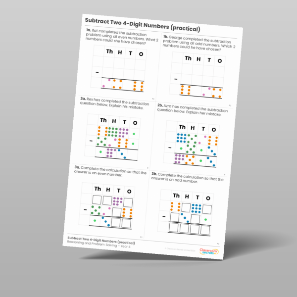 Year 4 Subtract Two 4 Digit Numbers Practical Reasoning And Problem ...