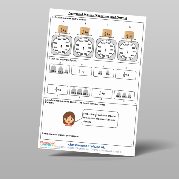 Year 3 Equivalent Masses Kilograms And Grams Homework Resource ...
