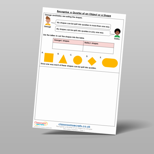 Year 1 Recognise A Quarter Of An Object Or A Shape Discussion Problem ...