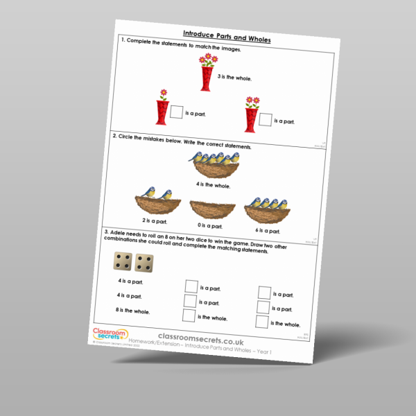 Year 1 Introduce Parts And Wholes Homework Resource | Classroom Secrets