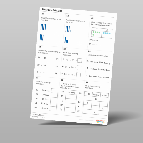Year 2 10 More 10 Less Fluency Matrix Resource | Classroom Secrets