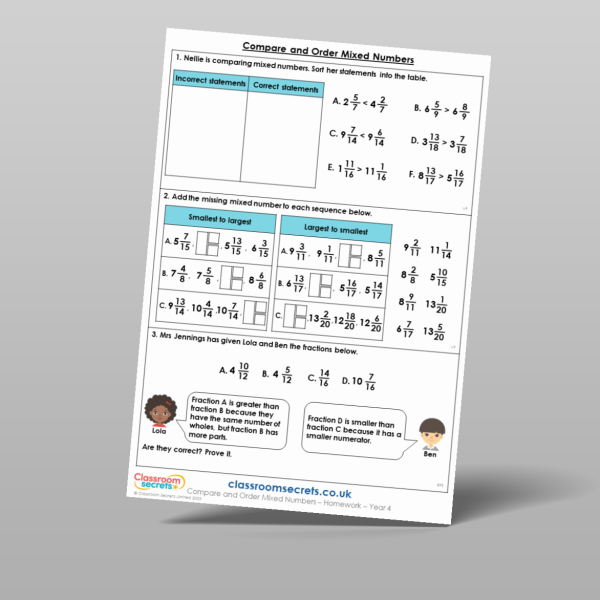 Year 4 Compare And Order Mixed Numbers Homework Resource | Classroom Secrets