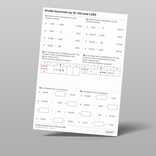 Year 6 Divide Decimals By 10 100 And 1 000 Varied Fluency Resource ...