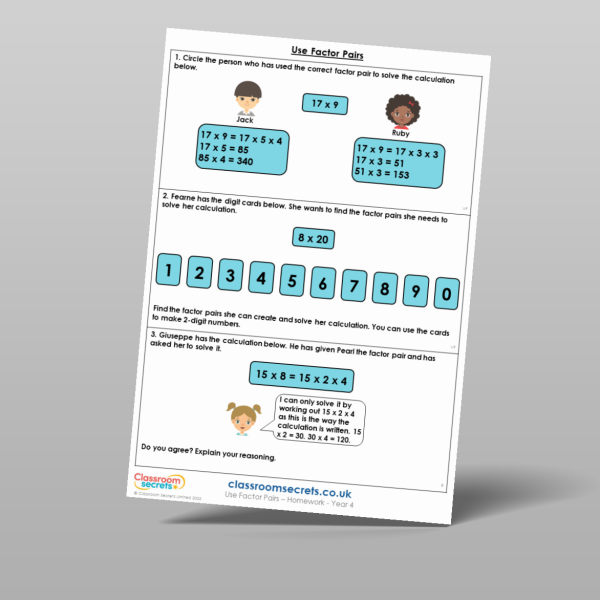 Year 4 Use Factor Pairs Homework Resource | Classroom Secrets