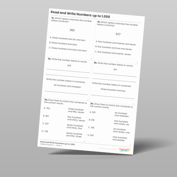 Year 3 Read And Write Numbers Up To 1 000 Varied Fluency Resource Classroom Secrets